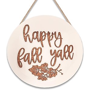 Hello Fall Wood Sign Thanksgiving Decorations Happy Fall Yall Welcome Sign for Front Door Round Wood Sign Hanging Welcome Sign for Farmhouse Porch Rustic Home Sign Decorations (Maple Leaf)