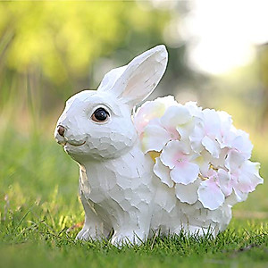 HDNICEZM Garden Statue Cute Rabbit Figurine with Flower Lights Warm White LED -Battery Powered Remote Control Rabbit Statue Night Light Home Garden for Backyard Pathway Patio