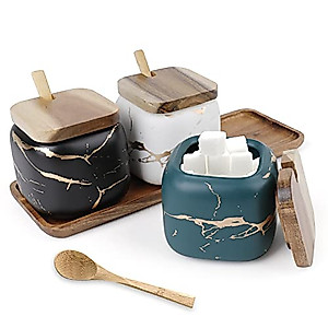 Dicunoy Ceramic Salt and Sugar Container, Condiment Jars with Lids and Spoons, Marble Seasoning Spice Pots Bowl, Pepper Sellar with Wooden Tray for Serving, Counter, Home, Kitchen