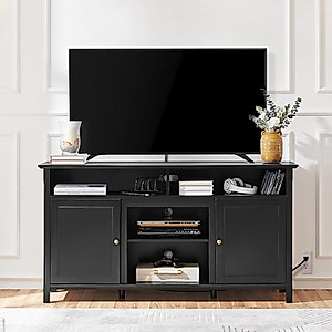 Yaheetech Black TV Stand with Doors for TVs up to 65 in, Modern TV Console with Power Outlet & Storage Shelf, Mid-Century Entertainment Center for Living Room, 31 in Tall