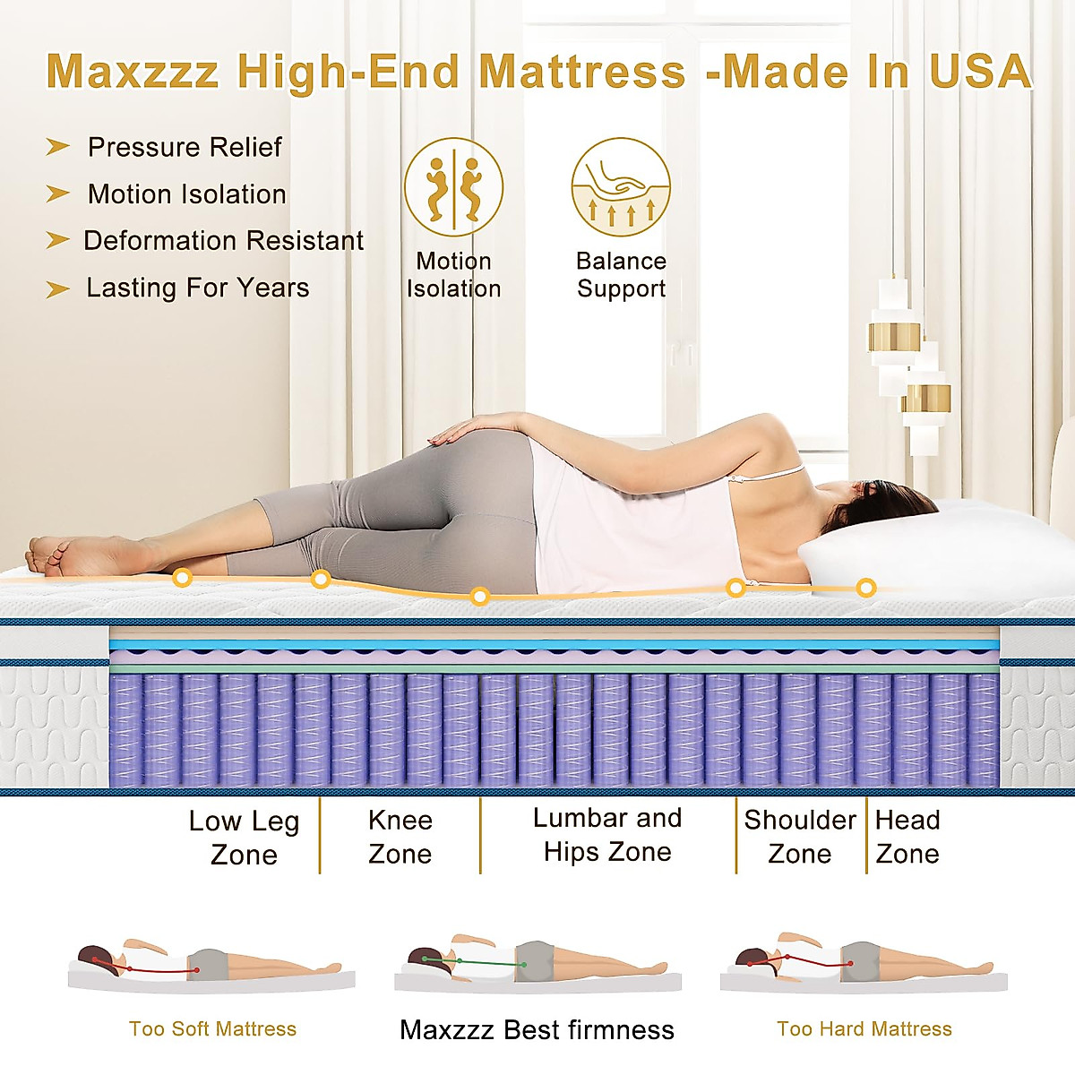 Maxzzz 12 Inch Queen Mattresses, Pocket Spring Firm Hybrid Mattress, Heavier Coils Innerspring for Motion Isolation & Durable Support, Mattress-in-a-Box