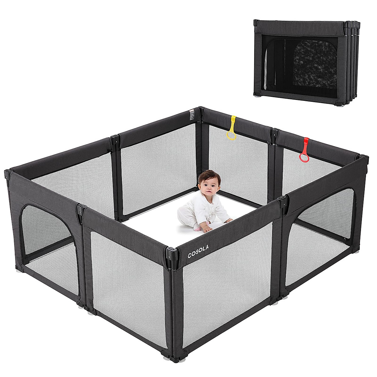 COSOLA Baby Playpen for Toddlers, Foldable Playpen Safe Anti-Fall Play Yard, Visible Mesh Play Pen with Zipper Gate, Baby Fence Play Area with Pull-up Rings, Adjustable Baby Play Yards, Black 71x59