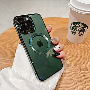 Uioeua Compatible with iPhone 13 Pro Max Magnetic Clear Case,Luxury Plating Bling Transparent Shockproof MagSafe Case with Full Camera Lens Protector for iPhone 13 Pro Max Women Girl Men-Green