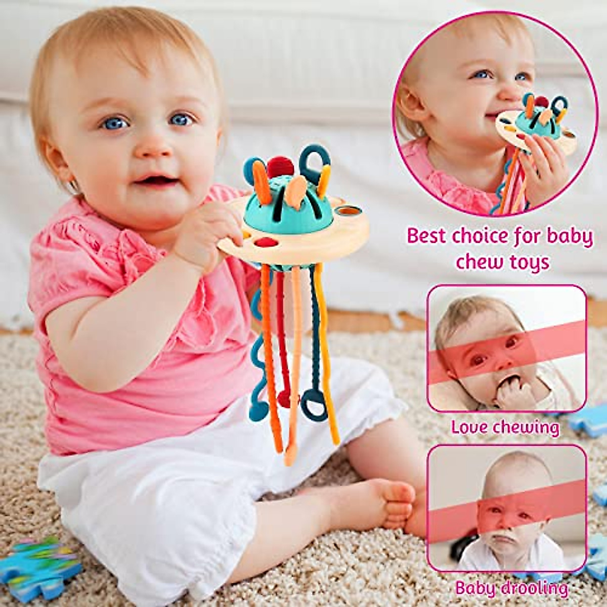 Baby Sensory Toys, Montessori Pull String Airplane Travel Toys for Toddlers 1-3, Montessori Toys for Babies 6-12 Months UFO Silicone Pull String Activity Toy Dawnier Pull Toy
