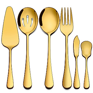Homikit 6 Pieces Gold Serving Utensils, Modern Stainless Steel Serving Hostess Set with Serving Spoons, Serving Fork, Pie Server, Butter Knife, Ice Cream Spoon, Mirror Polished, Dishwasher Safe
