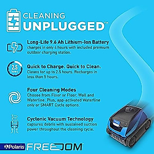 Polaris FREEDOM Cordless Robotic Pool Cleaner, Cable-Free for All In-Ground Pools up to 50ft, Four Cleaning Modes & Intelligent Cleaning Technology