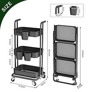 DTK 3 Tier Foldable Rolling Cart, Metal Utility Cart with Lockable Wheels, Folding Storage Trolley, 3 Small Baskets and 6 Hooks for Living Room, Kitchen, Bathroom, Bedroom and Office, Black