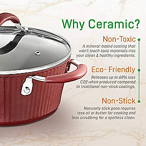 NutriChef Non-Stick Kitchenware Pots & Pans, Gray Inside & Red Outside, Metal + Silicone Handle, PTFE/PFOA/PFOS Free NCCW11RDL, 11 Pcs. Stylish Kitchen Cookware Set w/Elegant Lines Pattern