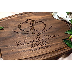 Personalized Cutting Board, Custom Wedding, Anniversary or Housewarming Gift Idea, Wood Engraved Charcuterie, for Newlyweds and Couples, Two Hearts Design 027