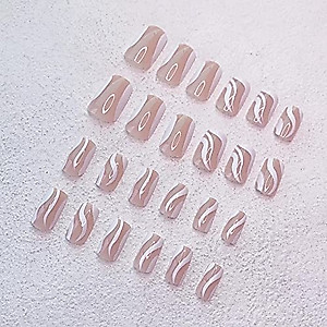 24 Pcs Press on Nails Short, Luvehandicraft Glossy Fake Nails Coffin, False Nails with Glue for Women and Girls (Pink White Swirl), 28 Piece Set