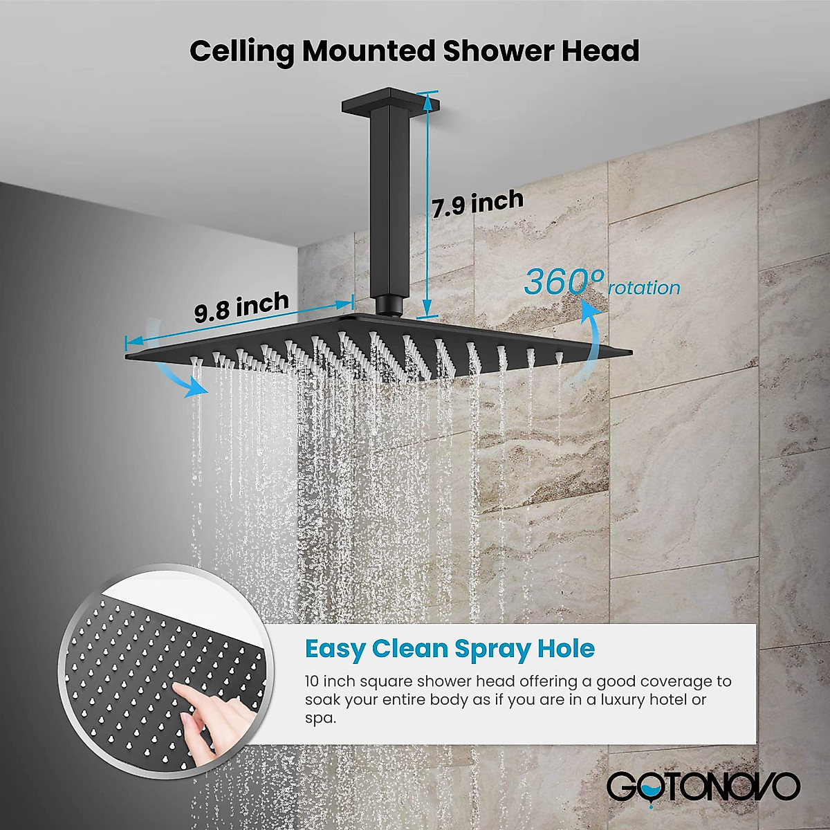 gotonovo Bathroom Matte Black 10 Inch Rainfall Shower Head Ceiling Mount with Handheld Spray Shower Mixer Faucet Luxury High Pressure Shower Combo Set Rough-in Valve and Shower Trim Included
