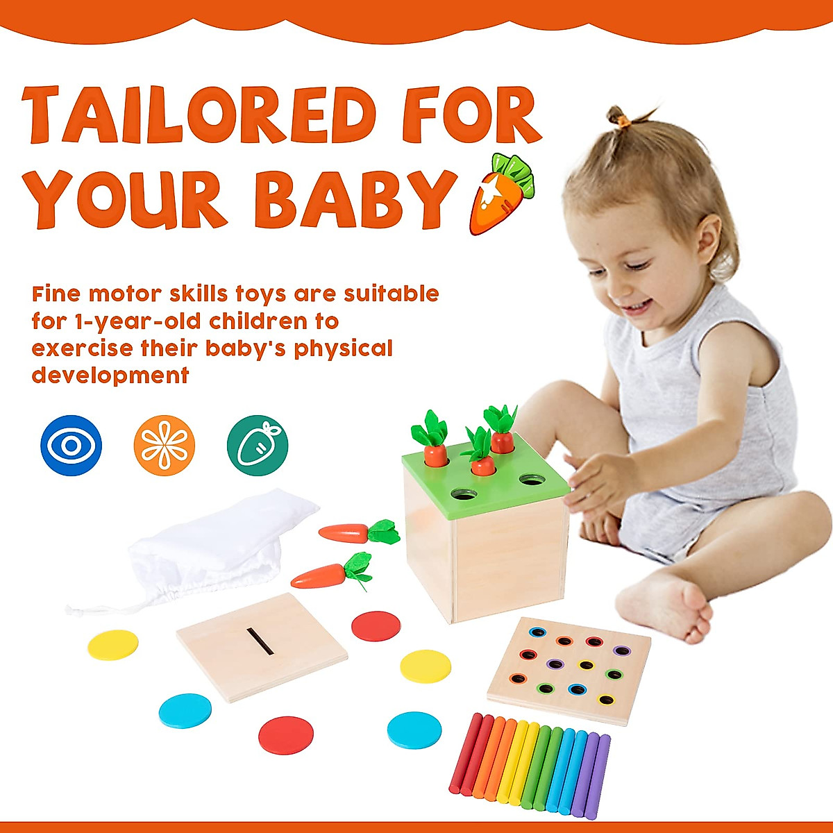 Montessori Toys for 1+ Year Old Baby Gifts,Play Kit Box Includes Carrot Harvest Games,Infant Coin Box,Fine Motor Skills Toys and Object Permanence Box,Montessori Toys for Babies 6-12 Month(4-in-1)