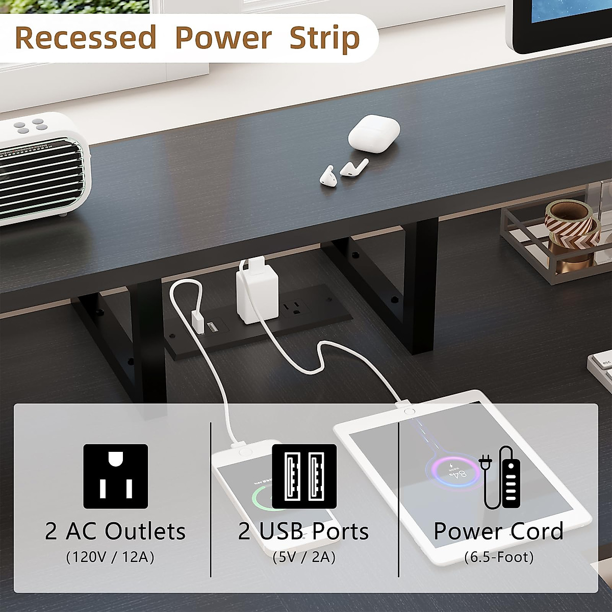 Mexin Home Office Desk-83.7 Inch 2 Person Desk with Storage Shelves and Power Outlets, Double Desk with Monitor Stand, Computer Gaming Desk, Large Work Desk, Black