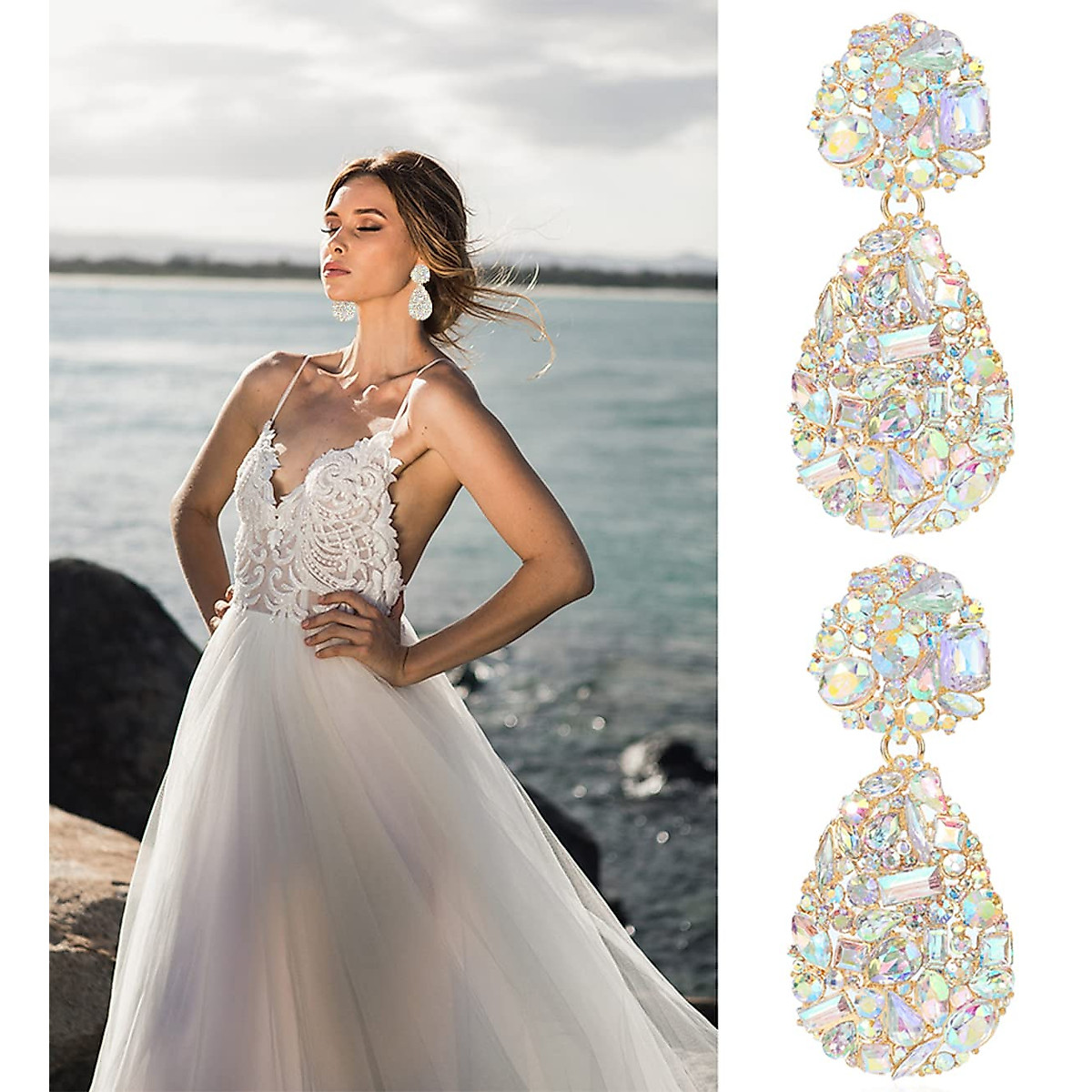 Met-edianger Met-edianger AB Rhinestone Statement Earrings White Teardrop Costume Earrings Iridescent Crystal Chandelier Drop Dangle Earrings for Women Wedding Bridal