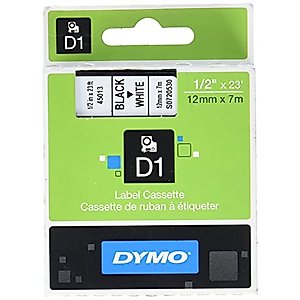 DYMO 45013 Standard Self-Adhesive Labeling Tape, Polyester Coated, 23' L x 1/2" W, Black on White