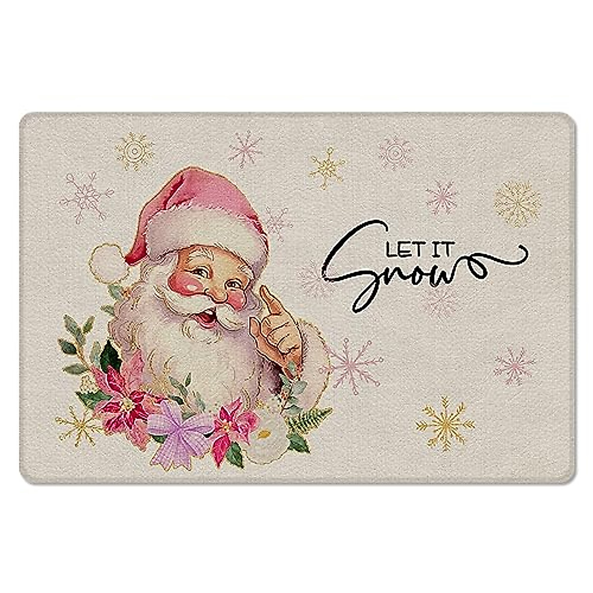 Christmas Santa Antifatigue Kitchen Bath Door Mat Cushioned Runner Rug,Washable Welcome Floor Sink Mat,Waterproof Non-Slip Comfort Standing Doormat,Blush Pink Gold Snowflakes Winter Red Flower 20"x39"