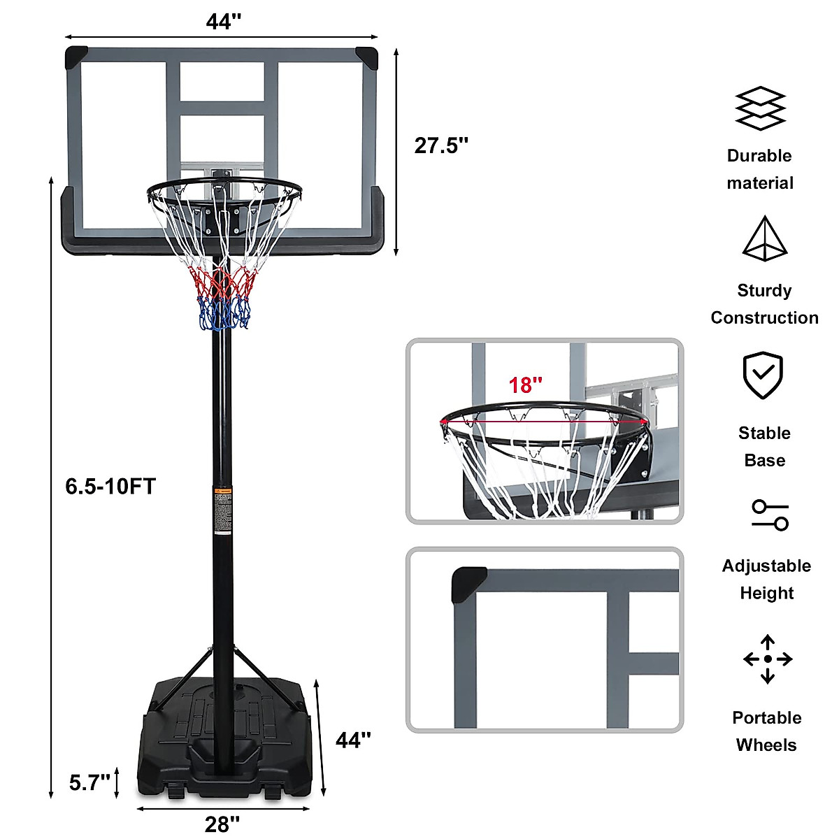 Teenagers Youth Portable Basketball Hoops Height Adjustable 6.5ft -10ft Basketball System 43 Inch Backboard with Wheels for Driveway Indoor Outdoor Use, Grey