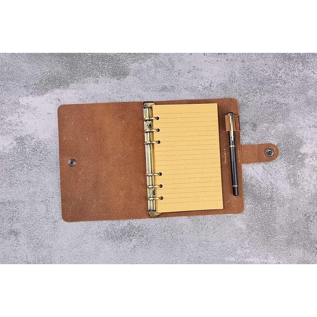 Personalized refillable 6 ring rustic leather A6 journal cover with pen holder, unique leather A6 refill planner binder sketchbook NA605SS