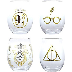 Harry Potter Stemless Wine Glasses, Set of 4 - Gold Harry Potter Symbols and Designs - Glass - 17 oz