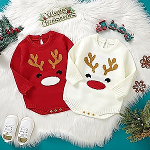 Baby Christmas Romper Sweater Crew Neck Deer Print Long Sleeve Knitted Pullover Tops Spring Fall Winter Bodysuit (Red, 6-9 Months)