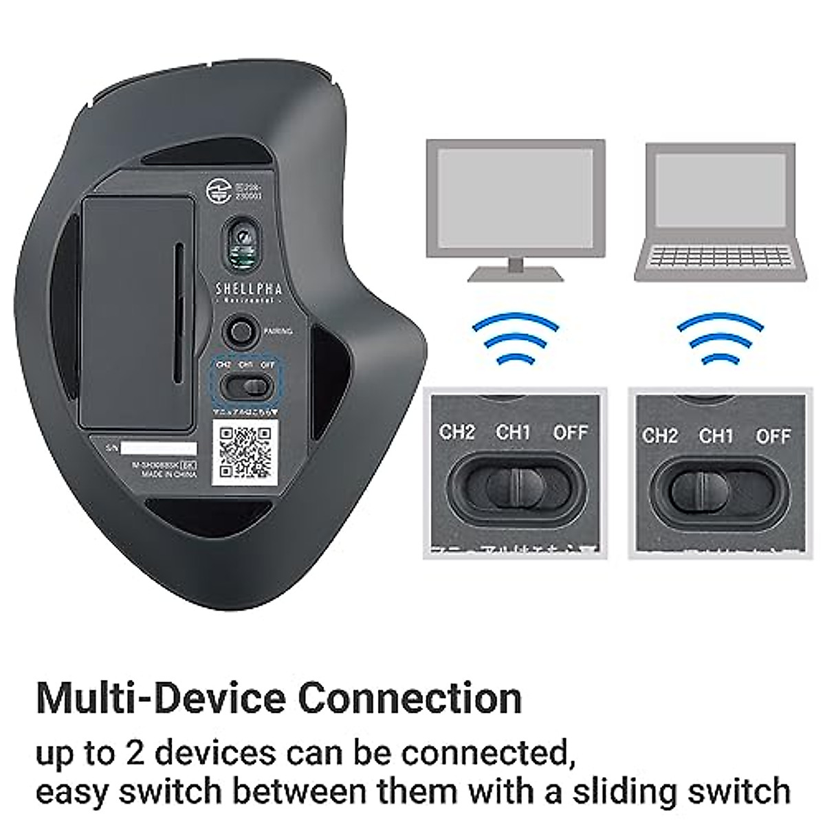 ELECOM Bluetooth Mouse Ergonomic Shape, Silent Click, 18-Month Battery Life, 2000DPI, 5 Buttons with Tilt Wheel, Optical Sensor, Compatible with PC, Mac, Laptop, SHELLPA, Black (M-SH30BBSKBK)