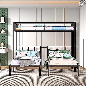 HAUSHECK Triple Bunk Bed for 3 Kids, Teen & Adults, Twin Over Twin Bunk Beds, Divided into 3 Separate Bed, Metal Triple Twin Bunkbeds with Safety Guardrails & Ladder, No Box Spring Needed