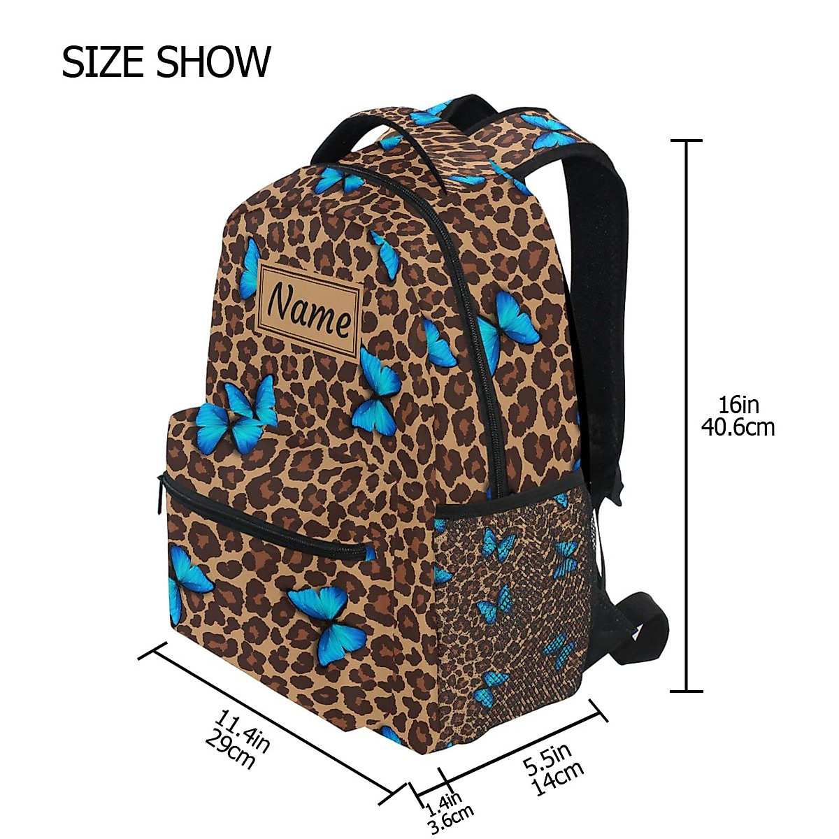 Blue Butterfly Leopard Cheetah Print Custom School Backpack for Boys Girls, Personalized Name Elementary School Bookbag Travel Bag Daypack