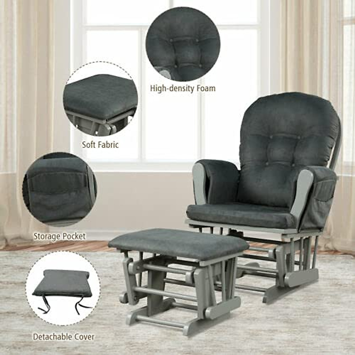 Costzon Baby Glider and Ottoman Cushion Set, Wood Baby Rocker Nursery Furniture, Upholstered Comfort Nursery Chair & Ottoman with Padded Arms (Dark Gray)