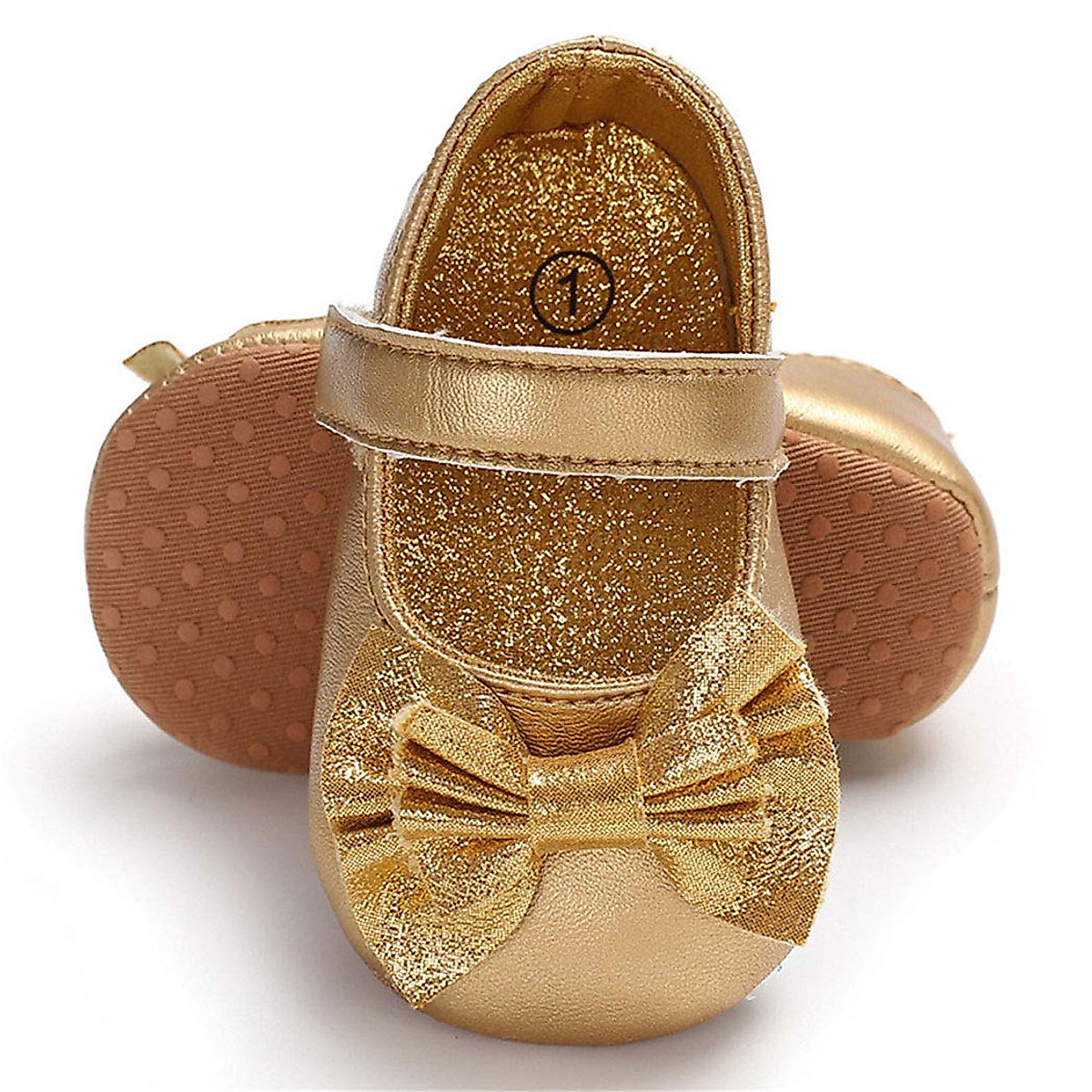 BABITINA Baby Girl Shoes Mary Jane Flats with Bowknot Non-Slip Toddler First Walkers Infant Dress Shoes(6-12 Months M US Infant,A-Gold)