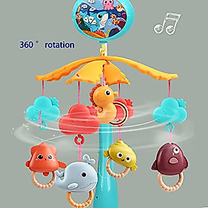 Baby Musical Crib Mobile Bed Bell Crib Bell, Multi-Function Electric Projection Light Music Box with Lullaby, Ocean Animals 360°Hanging Rotating Teether Rattle Toys（Blue）