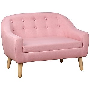Qaba 2-Seat Kids Sofa, Toddler Sofa Couch, Linen-Like Fabric and Wooden Frame Sofa Chair for Ages 3-7, 11" High Seat, Pink