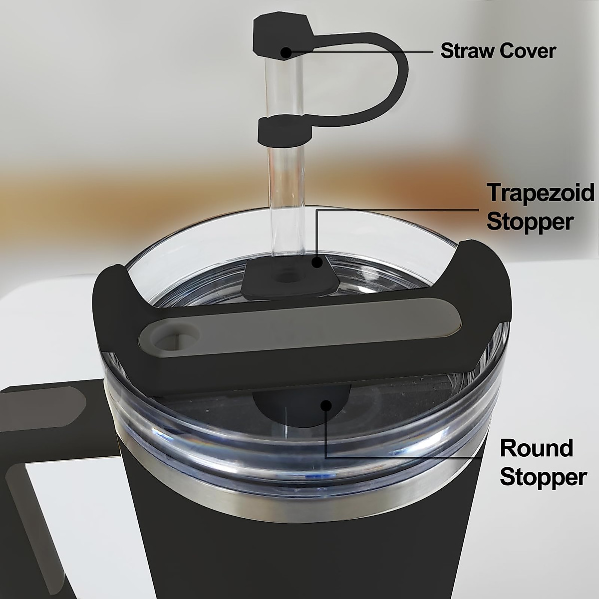 DUNLAGUE Silicone Spill Stopper Set for Stanley Cup 2.0 30oz & 40oz with Straw Cover (Set of 4, Black)