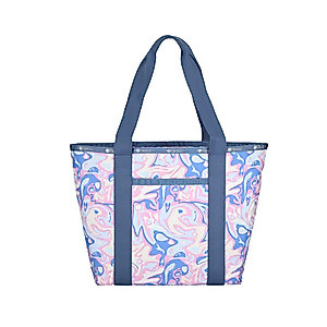 LeSportsac Radiant Reflections Everyday Zip Tote Handbag/Travel Bag, Style 3867/Color E541, Abstract Retro Swirls & Hearts, Soft Pastels: Blue, Pink, Amethyst & Cream, Subtle Iridescent Sheen