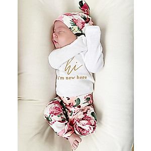KANGKANG Newborn Girl Clothes Baby Girl Clothes Hi Im New Here Newborn Outfit Romper + Floral Pants + Headband + Hat New Born Clothes Baby Girl 4PCS Set