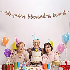 Aonbon Glitter 90 Years Blessed & Loved Banner - 90th Birthday / 90th Anniversary Banner, 90th Birthday / 90th Anniversary Party Decorations - Rose Gold (90)
