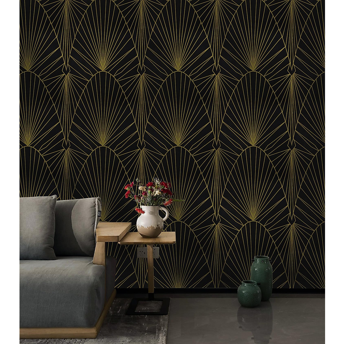 Yasinet Peel and Stick Wallpaper Black and Gold Wallpaper for Bathroom Removable Black Contact Paper Black Geometric Self Adhesive Wallpaper Decorative for Wall Cabinet 17.3”x118.7”