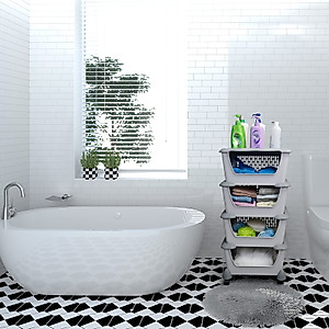 Farmoon 5 Pack Plastic Stackable Storage Baskets, Grey Plastic Stacking Baskets with Wheels