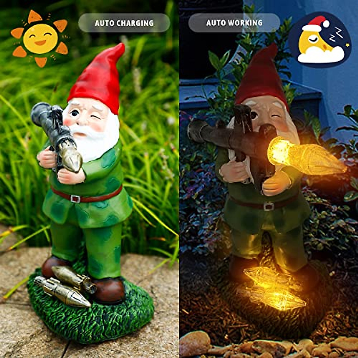 PERFECTOP Solar Military Garden Gnome Statue with RPG, Large War Army Combat Defender Soldier Patriotic Gnome Figurine with Gun, Outdoor Patio Yard Lawn Decor, Thanksgiving Christmas Ornament Gift
