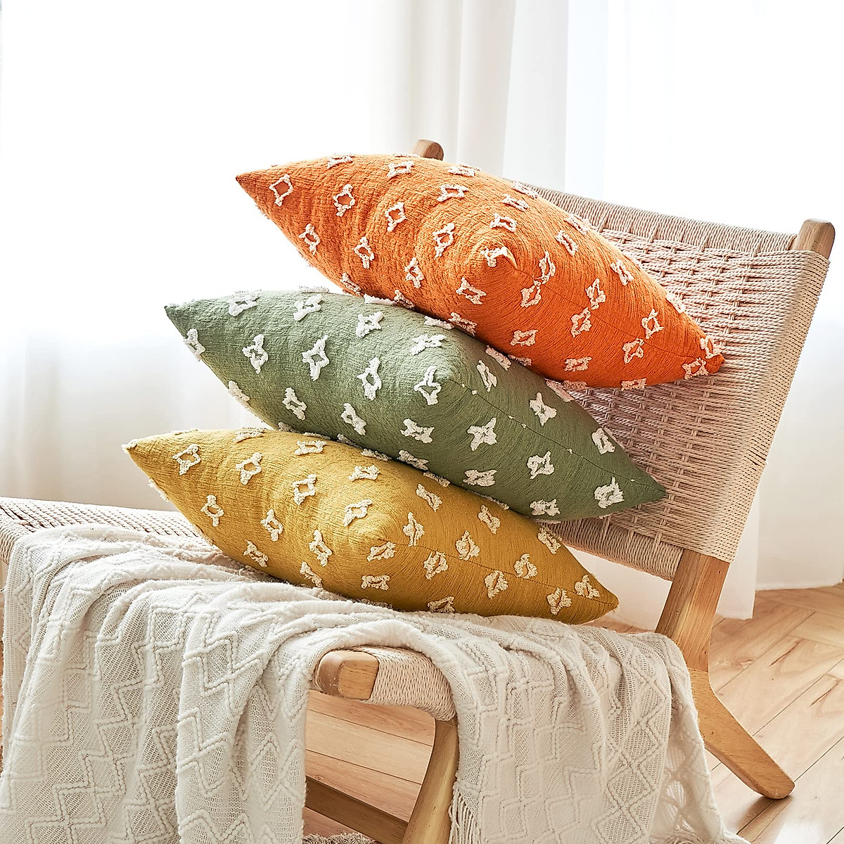 ANRODUO Pack of 2 Orange Pillow Covers Boho Decorative Throw Pillow Covers with Tufted Rhombic Jacquard for Fall Room Decor Decorations 20x20 Cute and Soft Pillowcase for Couch Sofa Bed Living Room