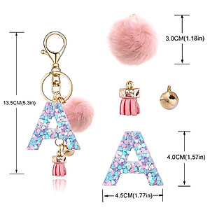 OKAICEN Pink-Purple Resin Alphabet Initial Letter Keychain Key Ring for Women Grils Purse Handbags with Faux Rabbit Fur Ball Pom('A')