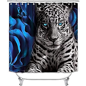 NBVKO 4PCS Blue Rose and Leopard Shower Curtain Set with Non-Slip Rugs,Toilet Lid Cover and Bath Mat,Bathroom Shower Decor Accessory Set