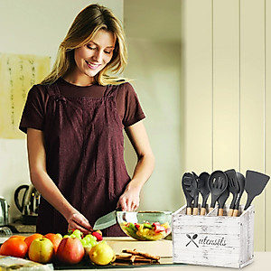 Kitchen Utensil Holder Organizer with 2 Compartments,Wood Flatware Silverware Organizer Rustic Farmhouse Utensil Caddy for Countertop Decor,Wall Mounted Kitchen Organizer and Storage Cutlery Caddy