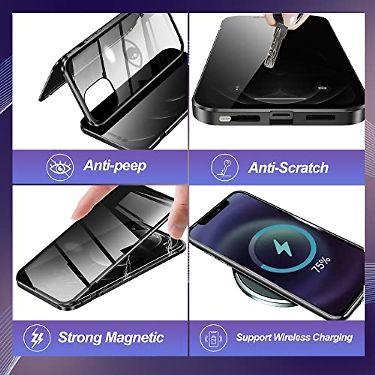 Privacy Magnetic Case Compatible for iPhone 14 Pro max, [Safety Lock][Full Body Protection]Double-Sided Anti-Peeping Anti-spy Sensitive Screen Protector Clear Back Metal Confidential Case, Black
