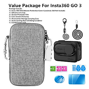 LEWOTE Accessories Kit Compatible with Insta360 GO 3 [Silicone Camera Case Cover and Lens Cap][2Pcs 3D Screen Protector Film][Carrying Case Bag with Auto Locking Carabiner and Anti-loss Lock] (Gray)