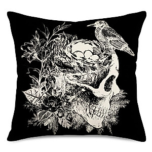 Halloween Decoration Pillow Covers 20x20 Inch Skull Black White Pillow Cases Death Skeleton Floral Bird Crow Modern Urban Retro Hand Drawn Pattern Cushion Covers Decorative Pillows for Home Room Sofa