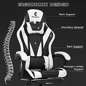 ErgoDesign Gaming Chair with Linkage Armrest & Footrest, High Back Video Gaming Chair, Black/White
