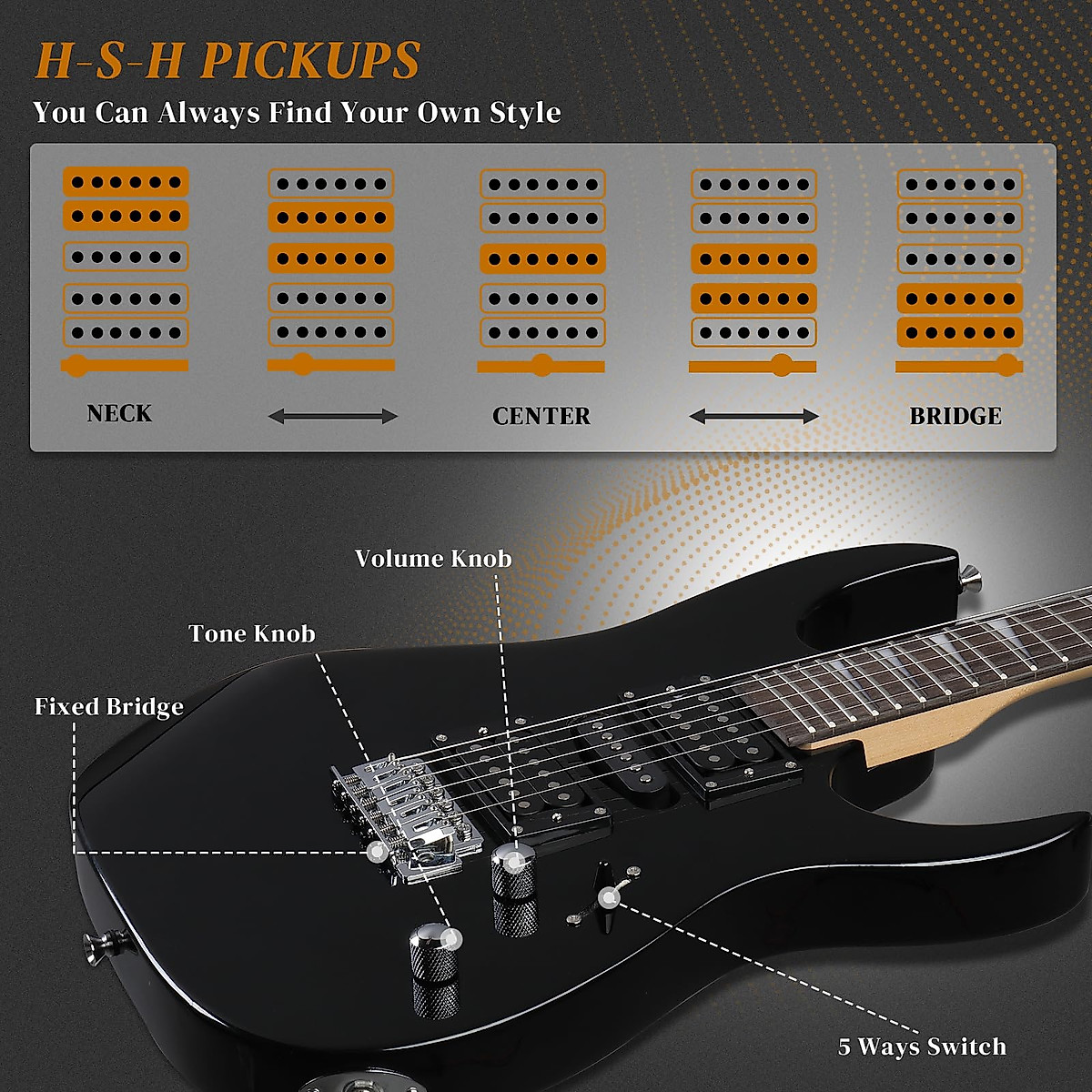 Ktaxon Full-Size Electric Guitar, Solid Body HSH Pickups 170 Guitar Beginner Kit with Gig Bag, Shoulder Strap, Tremolo Arm, Cable, Picks All Accessories (Black)