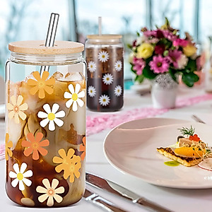 Nuenen 4 Pcs 16oz Daisy Flower Glass Cup with Lids and Straws Iced Coffee Glass Cup Cute Aesthetic Cups Glass Coffee Tumbler for Women Friend Her Birthday Gifts (Daisy)