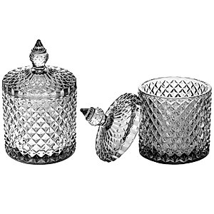 QWORK Crystal Color Glass Organizer for Bathroom -2 Pack 10 Oz Glass Candy Jar with Lid, Glass Apothecary Jars, Home Decorative Jar Counter Vanity Organizer for Cotton Swabs, Balls, Makeup Jewelry