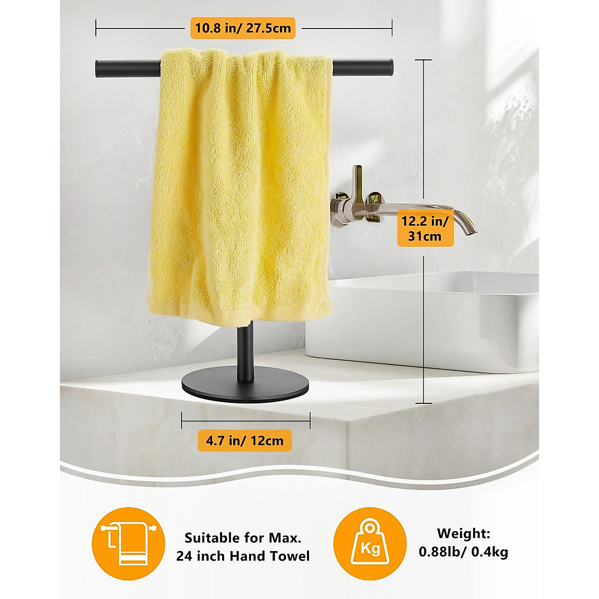 Hand Towel Holder for Bathroom, T-Shape Free Standing Towel Bar Rack Stand, Matte Black Hand Towel Rack for Bathroom Kitchen Vanity Countertop